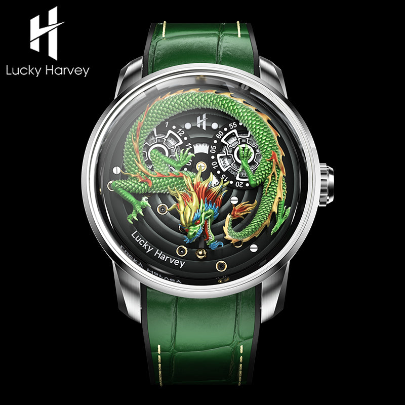 Green Dragon Automatic Watch Spit out Gold Bead Luminous Lucky Harvey ...